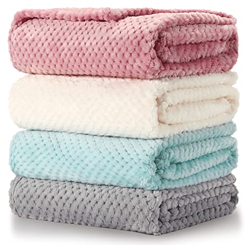 4 Pack Baby Fuzzy Blanket 30" x 40" Fluffy Waffle Flannel Fleece Baby Blanket for Newborn Infant Baby Receiving Blanket for Crib Stroller Travel Decorative (Light Blue, Pink, Beige, Gray)