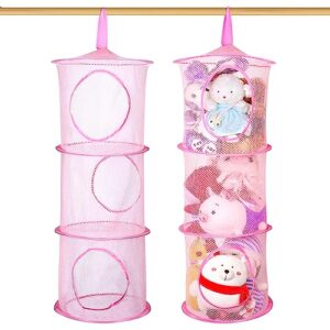 fuyamp 2pcs stuffed animal storage hanging mesh stuffed animal net or hammock foldable stuffed animal organizer net or hammock 3 compartments toy storage basket for kids girls room bathroom (pink)