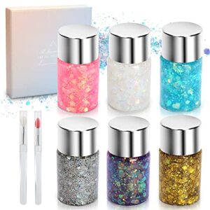 aiducho 6 colors body glitter gel for women girls chunky glitter gel for face hair eyes nails lip mermaid makeup long lasting & quick drying sparkling festival glitter with 2 brush, 20ml*6