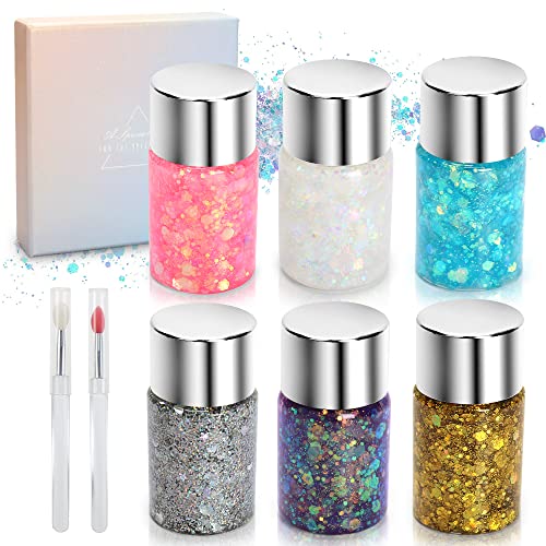 AIDUCHO 6 Colors Body Glitter Gel for Women Girls Chunky Glitter Gel for Face Hair Eyes Nails Lip Mermaid Makeup Long Lasting & Quick Drying Sparkling Festival Glitter with 2 Brush, 20ml*6