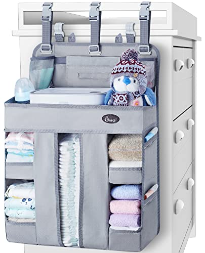 HHZ XL Hanging Diaper Caddy Organizer –Sturdy and Durable Baby Organizer – Diaper Stacker for Changing Table, Crib, Playard or Wall & Nursery Organization – Newborn Baby Essentials (Grey New)