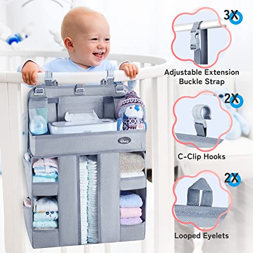 HHZ XL Hanging Diaper Caddy Organizer –Sturdy and Durable Baby Organizer – Diaper Stacker for Changing Table, Crib, Playard or Wall & Nursery Organization – Newborn Baby Essentials (Grey New)