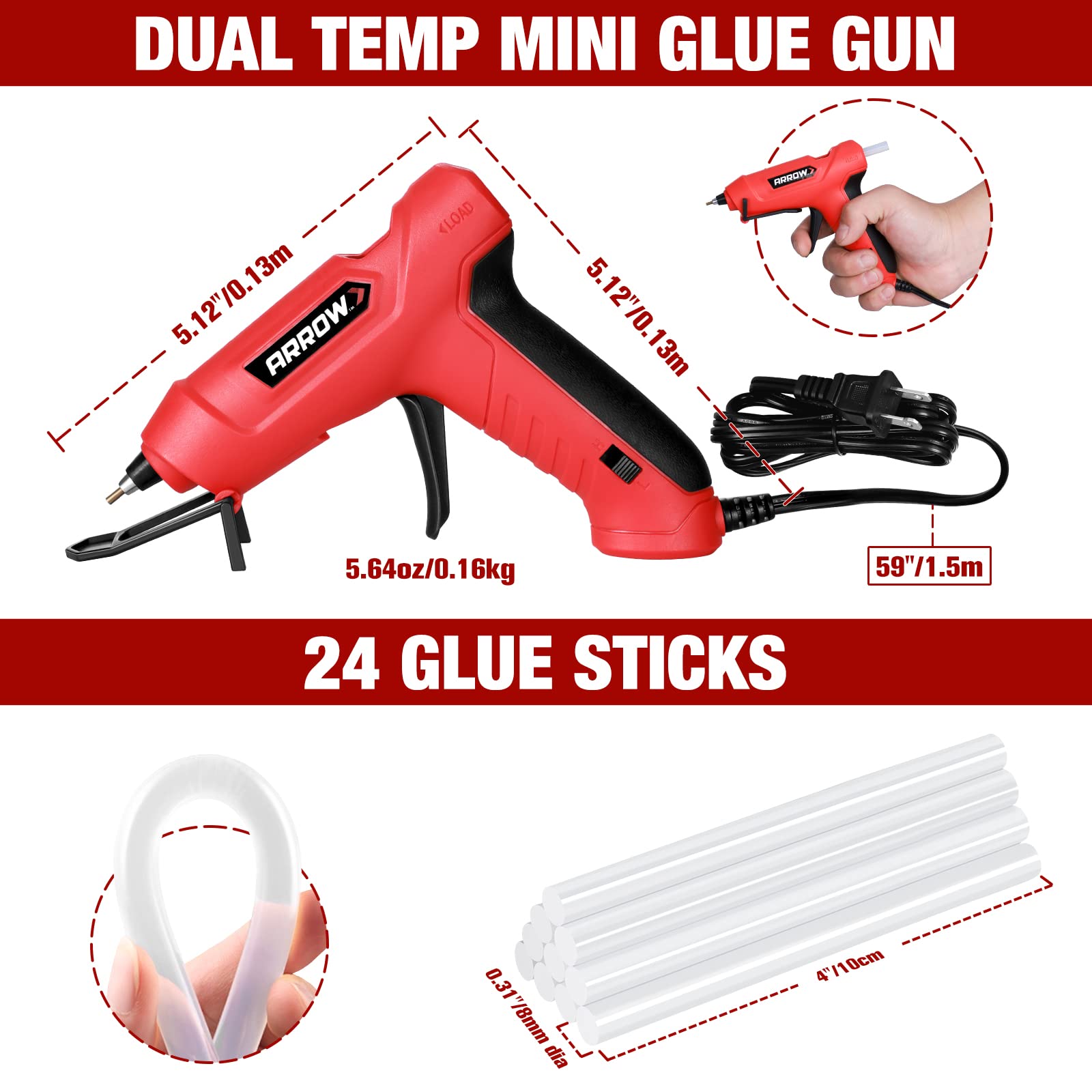 Arrow Mini Hot Glue Gun, Dual Temp Glue Gun Kit with 24Pcs Mini Glue Gun Sticks, High/Low Temp Fast Heating Glue Gun with Stand for DIY, Decoration, Crafts, Quick Repairs