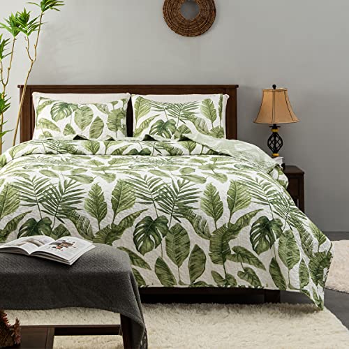 HORIMOTE HOME Tropical Plants Quilt Set King Size 3 Pieces, Green Palm Leaves Rainforest Style Fine Printed Reversible Bedspreads Bedding Sets, Soft and Lightweight Bed Coverlet for All Season