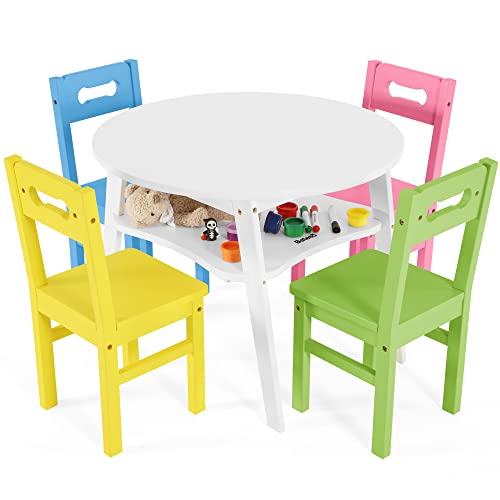 Bateso Kids Table and Chair Set, Toddler Wooden Round Table & 4 Chairs Set​ with Large Storage Space, 5-Piece Children Furniture Set for Home, Daycare, Playroom, Kindergarten