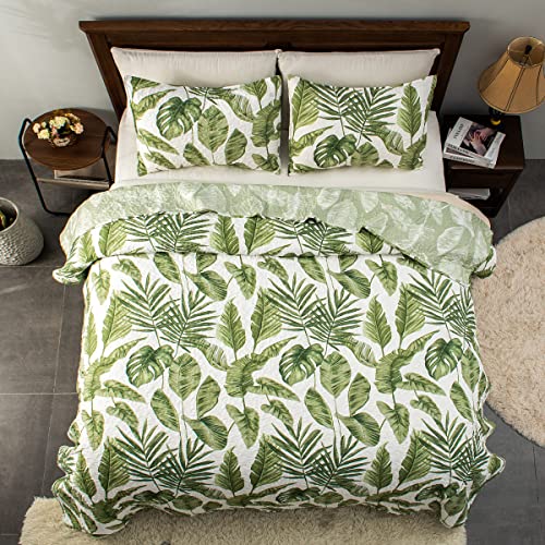 HORIMOTE HOME Tropical Plants Quilt Set King Size 3 Pieces, Green Palm Leaves Rainforest Style Fine Printed Reversible Bedspreads Bedding Sets, Soft and Lightweight Bed Coverlet for All Season