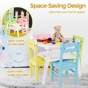 Bateso Kids Table and Chair Set, Toddler Wooden Round Table & 4 Chairs Set​ with Large Storage Space, 5-Piece Children Furniture Set for Home, Daycare, Playroom, Kindergarten