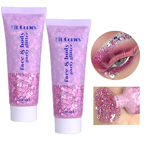 Face Glitter Gel,Pink Body Glitter Gel,Chunky Glitter for Face Body Hair Nails Eyeshadow Holographic Cosmetic,Festival Glitter Makeup,50ml (#03 Pink ,2PCS)