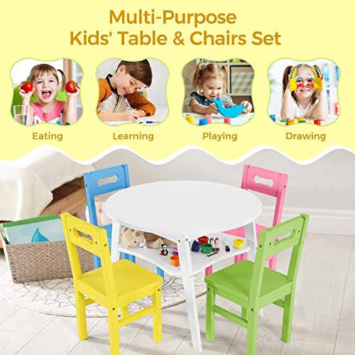 Bateso Kids Table and Chair Set, Toddler Wooden Round Table & 4 Chairs Set​ with Large Storage Space, 5-Piece Children Furniture Set for Home, Daycare, Playroom, Kindergarten