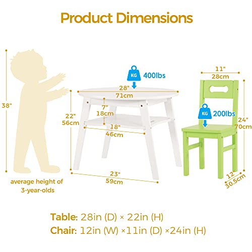 Bateso Kids Table and Chair Set, Toddler Wooden Round Table & 4 Chairs Set​ with Large Storage Space, 5-Piece Children Furniture Set for Home, Daycare, Playroom, Kindergarten