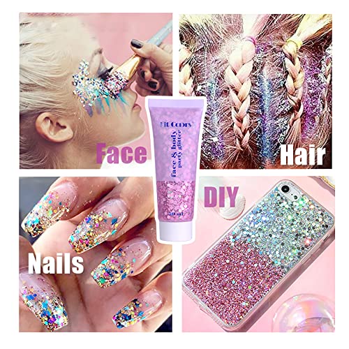 Face Glitter Gel,Pink Body Glitter Gel,Chunky Glitter for Face Body Hair Nails Eyeshadow Holographic Cosmetic,Festival Glitter Makeup,50ml (#03 Pink ,2PCS)