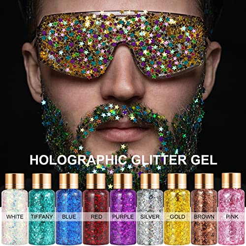 Mermaid Sequins Body Glitter Gel for Face, Skin, Hair, Eyeshadow, Nail, Long Lasting Waterproof Holographic Chunky Face Glitter Party Makeup for Festival Rave, Wedding, Stage Show (Laser White #9)