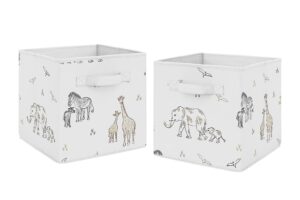 sweet jojo designs jungle safari animals foldable fabric storage cube bins boxes organizer toys baby taupe black and white gender neutral elephant giraffe wildlife adventure zebra serengeti - set of 2