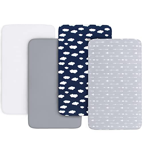 Crib Sheets for Boys and Girls, 4 Pack Fitted Crib Sheet for Standard Size Crib and Toddler Mattresses, Breathable & Soft Microfiber Toddler Sheets for Baby Gift, Grey/Navy/White