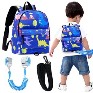 accmor toddler harness backpack leash, baby dinosaur backpacks with anti lost wrist link, cute mini child harnesses leashes for walking, keep kids close back pack rope tether rein for boys girls(blue)