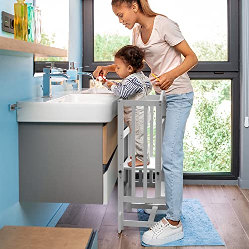 DORPU Toddler Kitchen Stool Helper for Kids, Adjustable Height Toddler Tower with Double-Side Art Board, Anti-tip Montessori Kids Learning Kitchen Step Stool