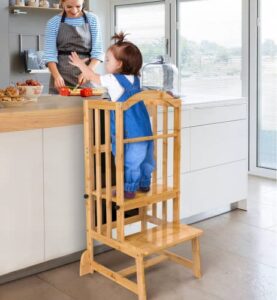 dorpu learning step stool for kids, adjustable height toddler kitchen standing tower with double-side art board, natural