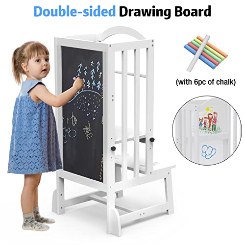 DORPU Toddler Kitchen Stool Helper for Kids, Adjustable Height Toddler Tower with Double-Side Art Board, Anti-tip Montessori Kids Learning Kitchen Step Stool