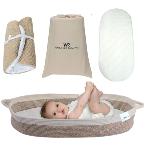 Baby Changing Basket (for 0 to 12 Month) - 100% Cotton Rope Changing Table Topper Moses Basket, Thick Foam Pad with Removable Cotton Cover - Storage Bag and Plush Blanket- Changing Basket for Babies