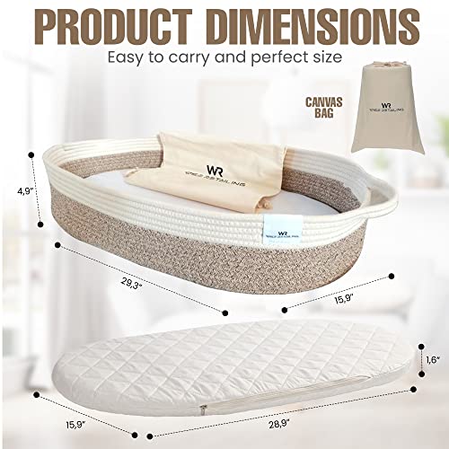 Baby Changing Basket (for 0 to 12 Month) - 100% Cotton Rope Changing Table Topper Moses Basket, Thick Foam Pad with Removable Cotton Cover - Storage Bag and Plush Blanket- Changing Basket for Babies