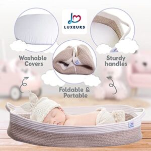 LUXEURS Diaper Changing Basket - Shelf Basket - Extra Large in Size - Cotton Rope Changing Table Topper Storage Basket, Thick Foam Pad with Removable Cotton Cover - Storage Bag