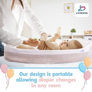 LUXEURS Diaper Changing Basket - Shelf Basket - Extra Large in Size - Cotton Rope Changing Table Topper Storage Basket, Thick Foam Pad with Removable Cotton Cover - Storage Bag