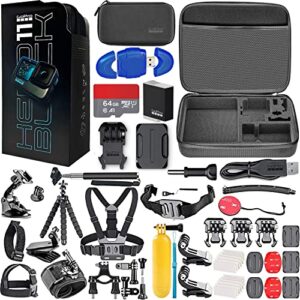 gopro hero11 (hero 11) black - waterproof action camera with 5.3k hd video, 27mp photos, live streaming, webcam - bundle with 64gb memory card, card reader, hero11 action bundle (58 items)