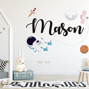 Custom Name Astronaut Wall Decal - Personalized Astronaut Wall Sticker - Spaceship Planet Outer Space Wall Art Mural - Wall Decal for Nursery Bedroom playroom Decoration (Wide 15"x11" Height)