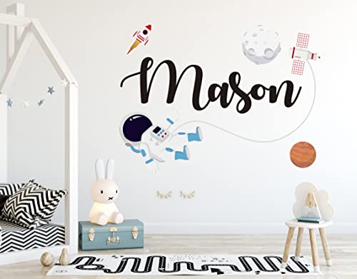 Custom Name Astronaut Wall Decal - Personalized Astronaut Wall Sticker - Spaceship Planet Outer Space Wall Art Mural - Wall Decal for Nursery Bedroom playroom Decoration (Wide 15"x11" Height)