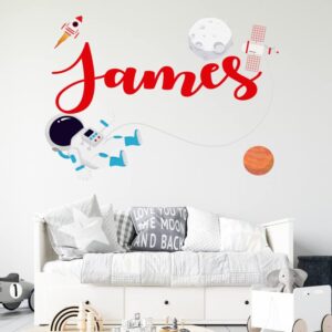 Custom Name Astronaut Wall Decal - Personalized Astronaut Wall Sticker - Spaceship Planet Outer Space Wall Art Mural - Wall Decal for Nursery Bedroom playroom Decoration (Wide 15"x11" Height)