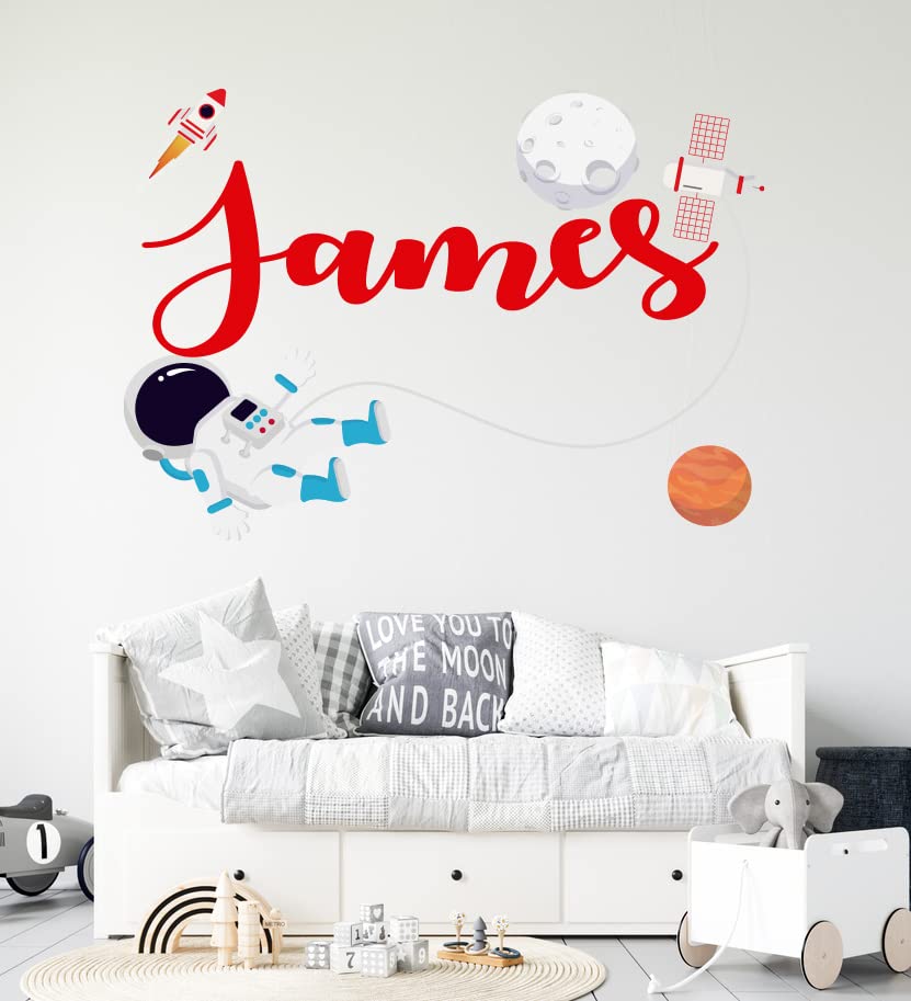 Custom Name Astronaut Wall Decal - Personalized Astronaut Wall Sticker - Spaceship Planet Outer Space Wall Art Mural - Wall Decal for Nursery Bedroom playroom Decoration (Wide 15"x11" Height)