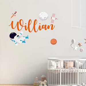 Custom Name Astronaut Wall Decal - Personalized Astronaut Wall Sticker - Spaceship Planet Outer Space Wall Art Mural - Wall Decal for Nursery Bedroom playroom Decoration (Wide 15"x11" Height)