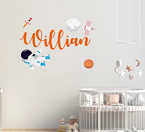 Custom Name Astronaut Wall Decal - Personalized Astronaut Wall Sticker - Spaceship Planet Outer Space Wall Art Mural - Wall Decal for Nursery Bedroom playroom Decoration (Wide 15"x11" Height)