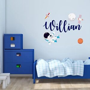 Custom Name Astronaut Wall Decal - Personalized Astronaut Wall Sticker - Spaceship Planet Outer Space Wall Art Mural - Wall Decal for Nursery Bedroom playroom Decoration (Wide 15"x11" Height)