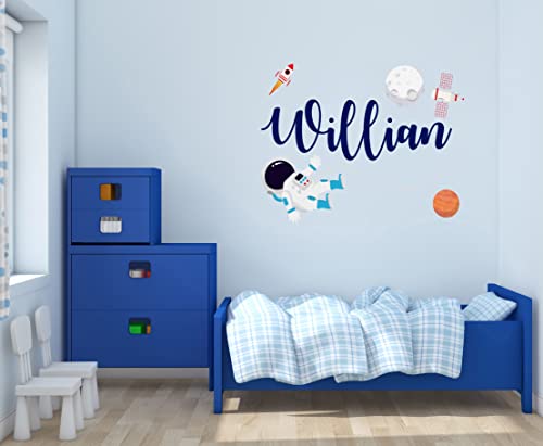 Custom Name Astronaut Wall Decal - Personalized Astronaut Wall Sticker - Spaceship Planet Outer Space Wall Art Mural - Wall Decal for Nursery Bedroom playroom Decoration (Wide 15"x11" Height)