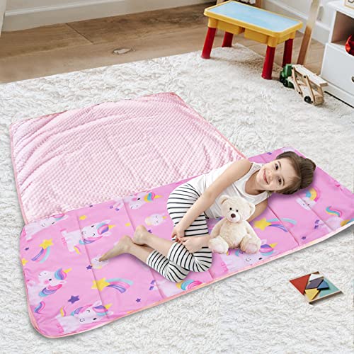 smttw Nap Mat with Removable Pillow & Fleece Blanket, Extra Long Toddler Nap Mats for Daycare-Measures 55 x 23 x 2 Inches, Kids Sleeping Mat Toddler Sleeping Bag,Unicorn