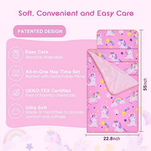 smttw Nap Mat with Removable Pillow & Fleece Blanket, Extra Long Toddler Nap Mats for Daycare-Measures 55 x 23 x 2 Inches, Kids Sleeping Mat Toddler Sleeping Bag,Unicorn