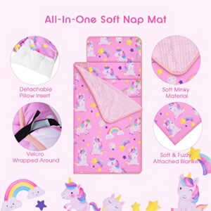 smttw Nap Mat with Removable Pillow & Fleece Blanket, Extra Long Toddler Nap Mats for Daycare-Measures 55 x 23 x 2 Inches, Kids Sleeping Mat Toddler Sleeping Bag,Unicorn