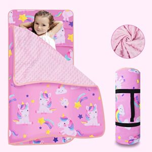 smttw Nap Mat with Removable Pillow & Fleece Blanket, Extra Long Toddler Nap Mats for Daycare-Measures 55 x 23 x 2 Inches, Kids Sleeping Mat Toddler Sleeping Bag,Unicorn