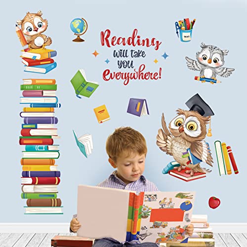 wondever Reading Corner Wall Stickers Owl Books Inspirational Educational Quote Peel and Stick Wall Art Decals for Kids Bedroom Classroom