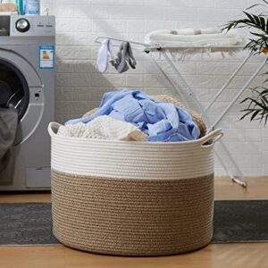 maison sympa Extra Large Cotton Rope Basket Woven Baby Laundry Basket Blanket Basket Baby and pet Toy Basket with Handle Laundry Hamper - 21" x 21" x 13.8" (white & camel)