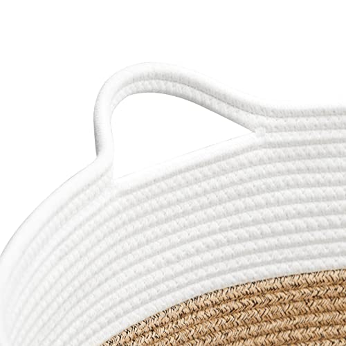 maison sympa Extra Large Cotton Rope Basket Woven Baby Laundry Basket Blanket Basket Baby and pet Toy Basket with Handle Laundry Hamper - 21" x 21" x 13.8" (white & camel)