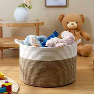 maison sympa Extra Large Cotton Rope Basket Woven Baby Laundry Basket Blanket Basket Baby and pet Toy Basket with Handle Laundry Hamper - 21" x 21" x 13.8" (white & camel)