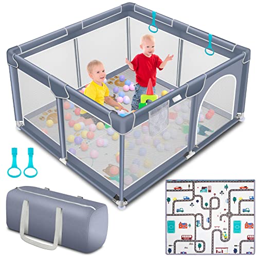 Suposeu Baby Playpen, Play Pen with Mat for Toddlers, Portable Large Baby Fence Area with Anti-Slip Base, Baby Play Yard with Gate, Baby Fence (Gray)