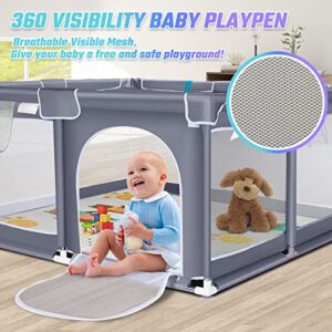 Suposeu Baby Playpen, Play Pen with Mat for Toddlers, Portable Large Baby Fence Area with Anti-Slip Base, Baby Play Yard with Gate, Baby Fence (Gray)