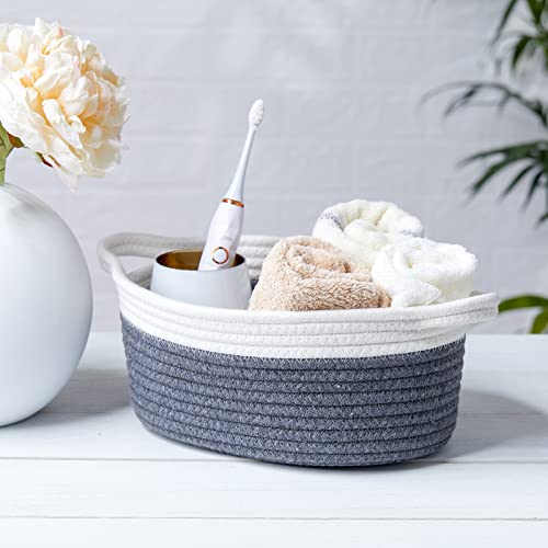 Maison Sympa Small Handmade Woven Basket Cotton Rope Basket Baby Toy and Pet Toy Basket with Handles Book Basket Bathroom Organization Bin Candy Basket 11.8"x 7.8" x 5" (white & dark grey)