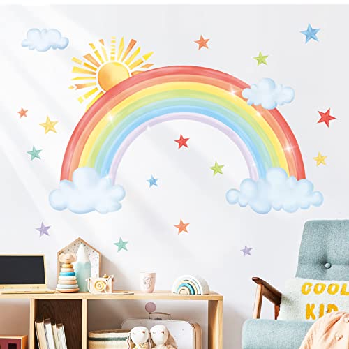 decalmile Large Rainbow Wall Decals Sun Cloud Star Wall Stickers Baby Nursery Girls Bedroom Living Room Wall Decor