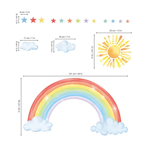 decalmile Large Rainbow Wall Decals Sun Cloud Star Wall Stickers Baby Nursery Girls Bedroom Living Room Wall Decor