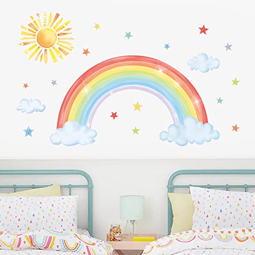 decalmile Large Rainbow Wall Decals Sun Cloud Star Wall Stickers Baby Nursery Girls Bedroom Living Room Wall Decor