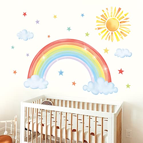 decalmile Large Rainbow Wall Decals Sun Cloud Star Wall Stickers Baby Nursery Girls Bedroom Living Room Wall Decor